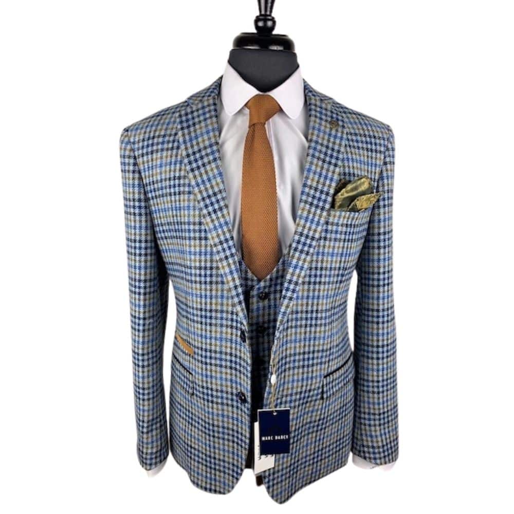 Marc Darcy Watson Tweed Check 3 Piece Suit Blue | Menswear Online