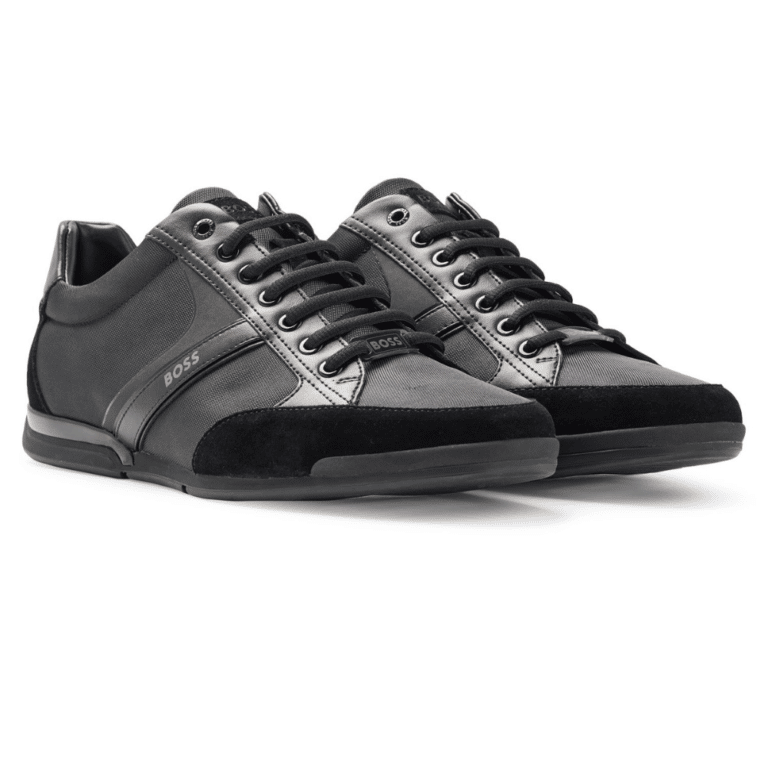 BOSS MIXED-MATERIAL TRAINERS WITH SUEDE AND FAUX LEATHER BLACK ...