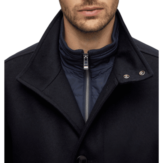 BOSS DARK BLUE WOOL CASHMERE COAT WITH INNER LAYER | Menswear Online