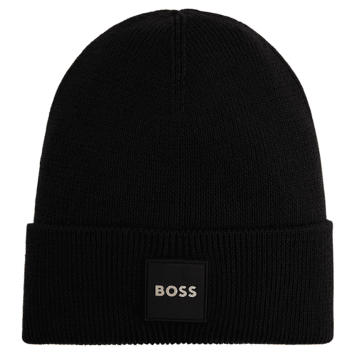 BOSS BEANIE HAT WITH RIBBED STRUCTURE AND LOGO BADGE | Menswear Online