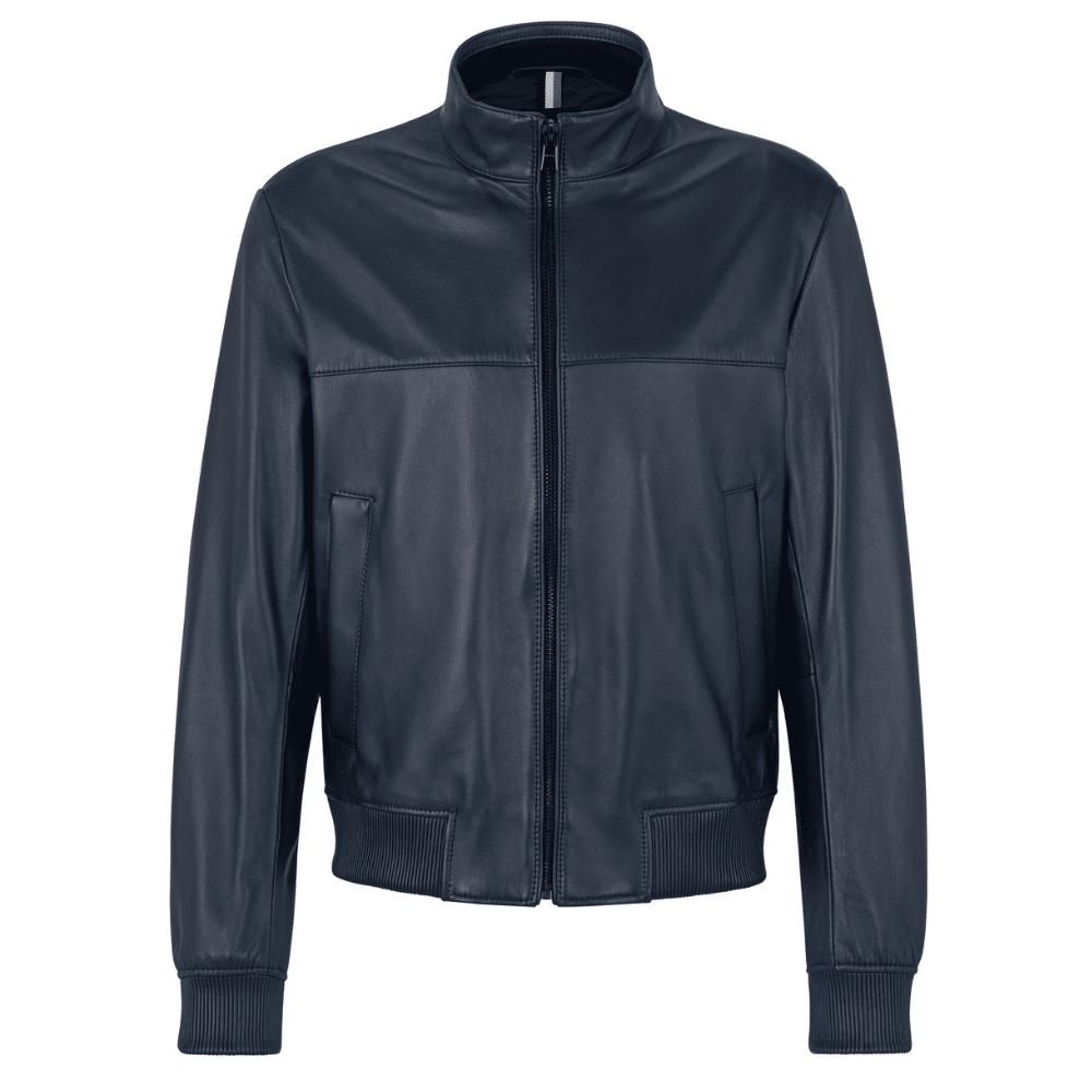 BOSS BOMBER JACKET IN NAPPA LEATHER IN NAVY | Menswear Online