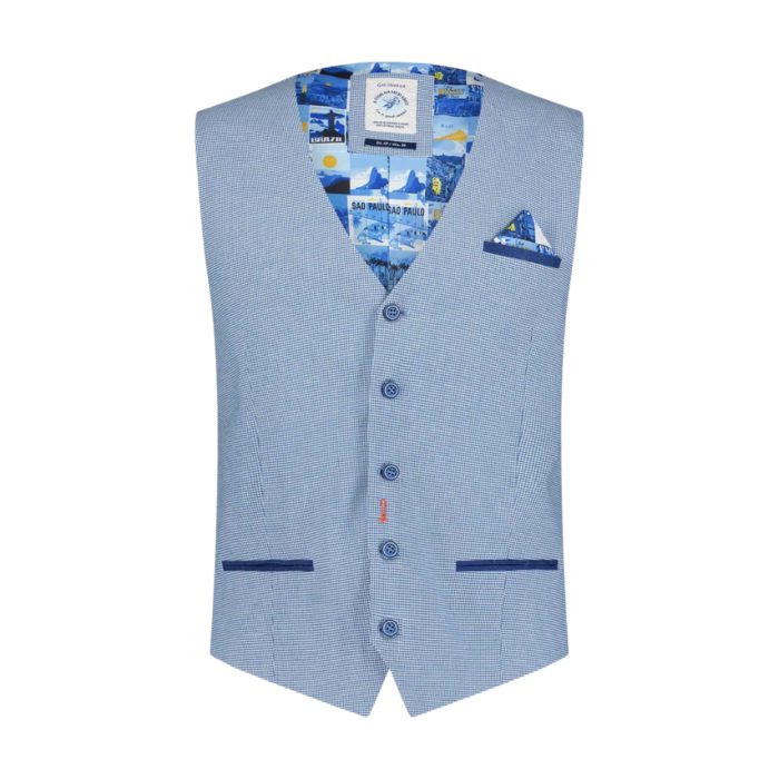 A Fish Named Fred Small Check Light Blue Waistcoat | Menswear Online