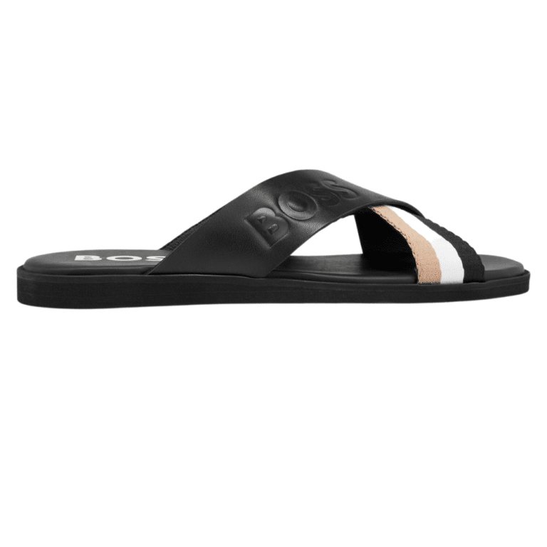 BOSS BLACK LEATHER SLIDERS WITH SIGNATURE STRIPE AND LOGO | Menswear Online