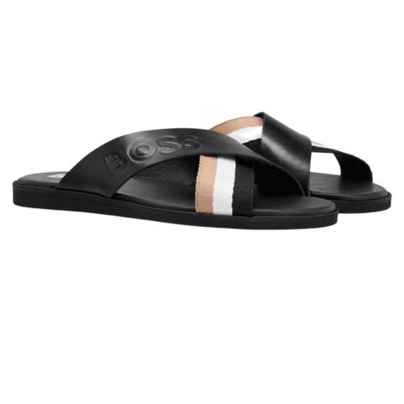 BOSS BLACK LEATHER SLIDERS WITH SIGNATURE STRIPE AND LOGO | Menswear Online