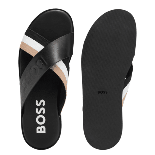 BOSS BLACK LEATHER SLIDERS WITH SIGNATURE STRIPE AND LOGO | Menswear Online