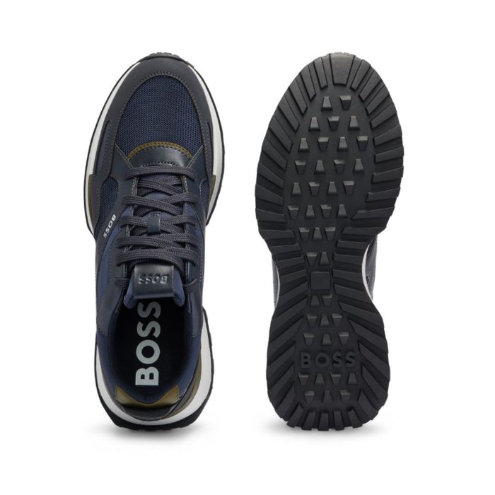 BOSS MIXED-MATERIAL TRAINERS WITH FAUX-LEATHER TRIMS | Menswear Online