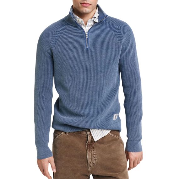 GANT Blue Washed Ribbed Half Zip Sweater | Menswear Online