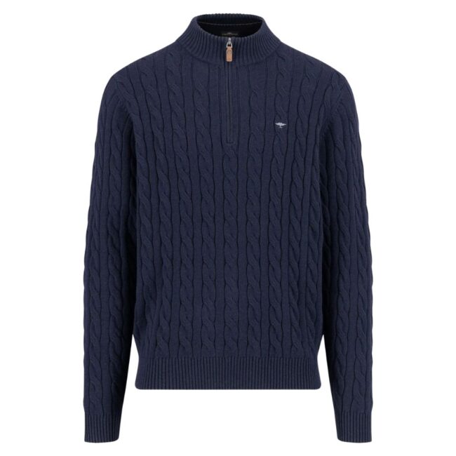 Fynch-Hatton Premium Cotton Cable Knitted Navy Half Zip | Menswear Online